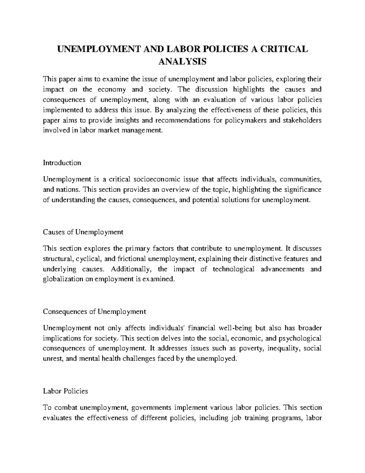 Unemployment AND Labor Policies A Critical Analysis - UNEMPLOYMENT AND ...