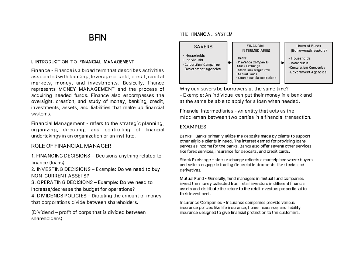 Finance Reviewer - BFIN I. INTRODUCTION TO FINANCIAL MANAGEMENT Finance ...