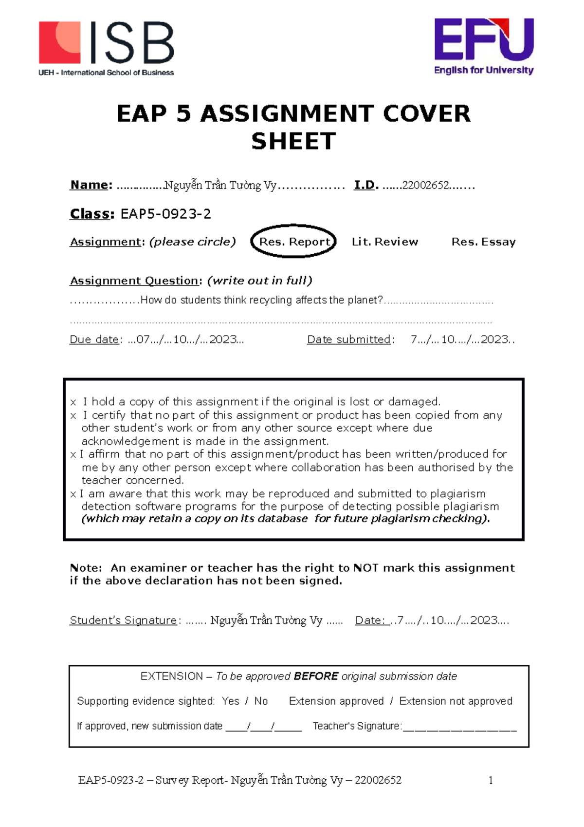 EAP5- Resreach Report - EAP 5 ASSIGNMENT COVER SHEET Name: ..............ễn Trần Tường - Studocu