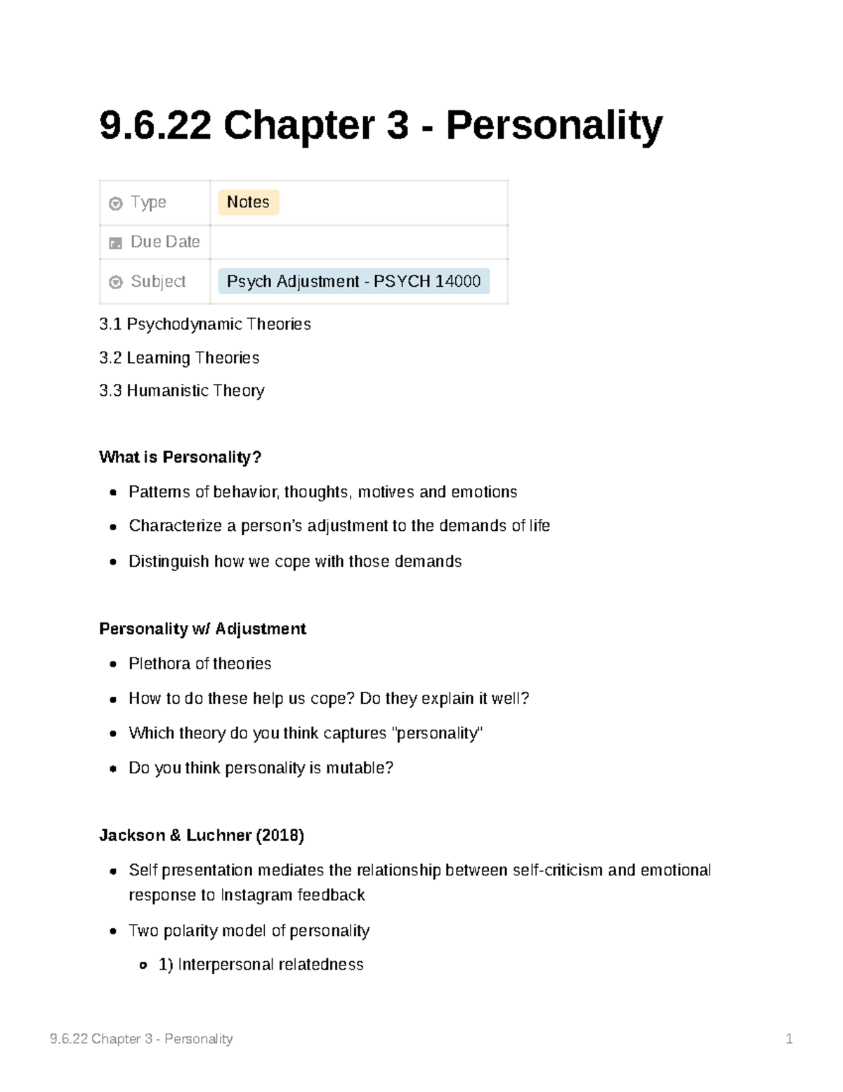 Chapter 3 - Personality - 9.6 Chapter 3 - Personality Type Notes Due ...