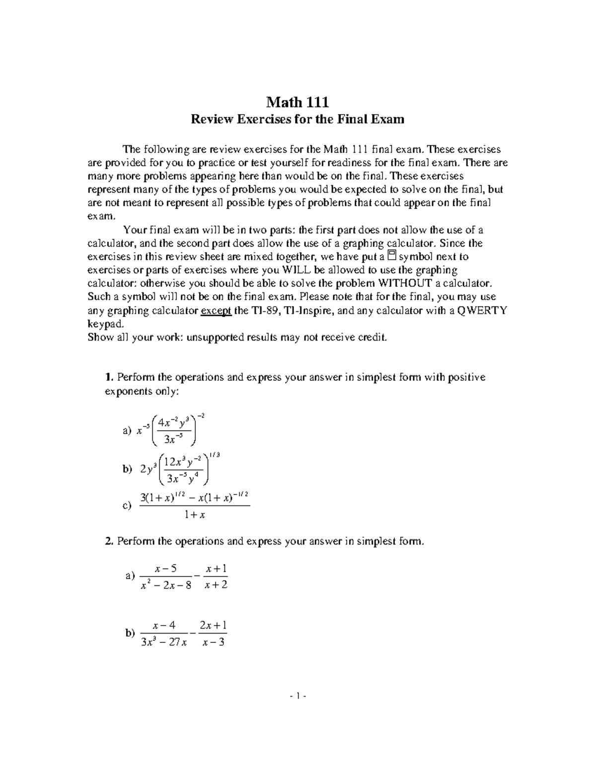 M111rev (1) - math 111 - review for exam - Math 111 Review Exercises ...