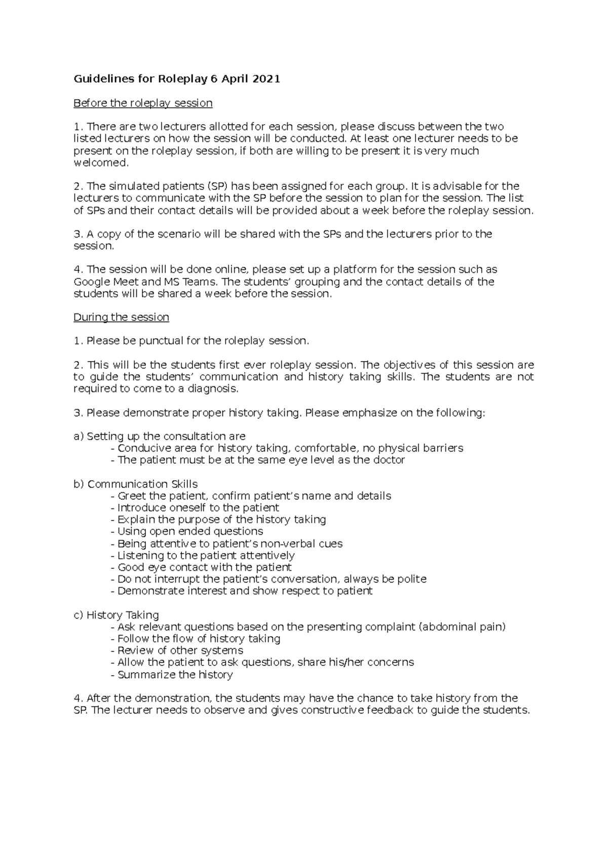 Guidelines for Roleplay 6 April 2021 - Guidelines for Roleplay 6 April ...