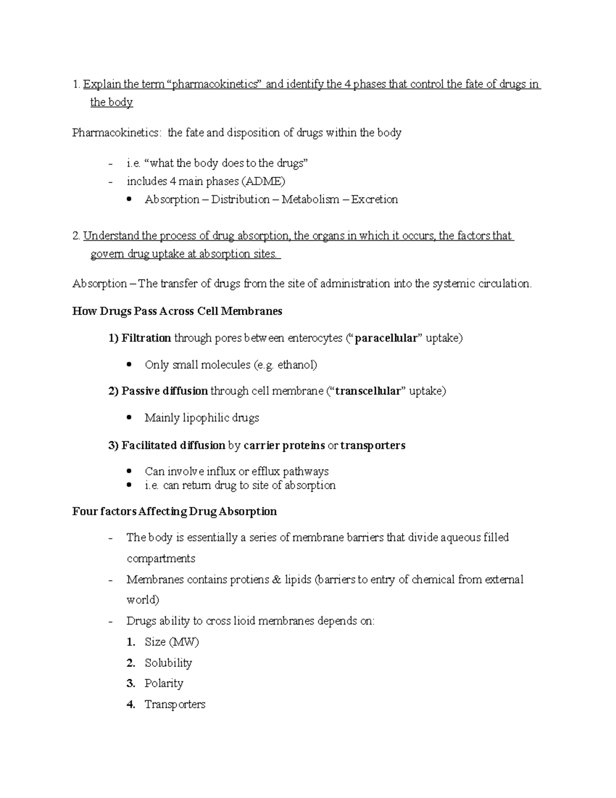 Lecture 2 - ADME 1 - Absorption & Distribiton - Explain the term ...