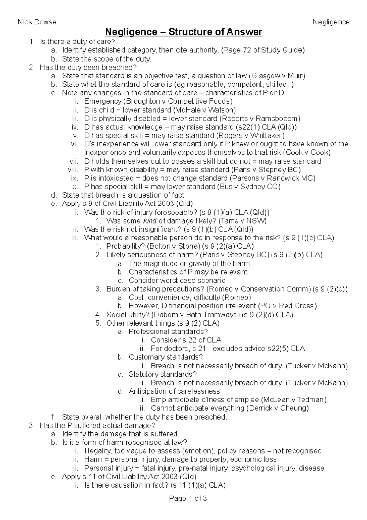 Negligence answer structure - Nick Dowse Negligence Negligence ...