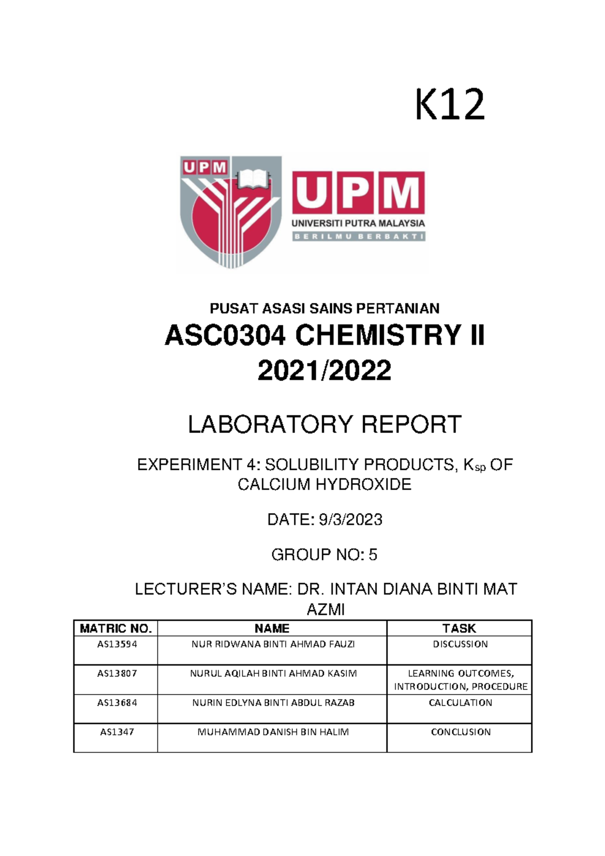 Lab 4 Solubility Products, Ksp OF Calcium Hydroxide - K PUSAT ASASI ...