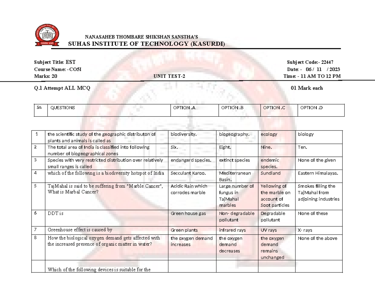 Est2 (Repaired) - Est sample questions - NANASAHEB THOMBARE SHIKSHAN ...