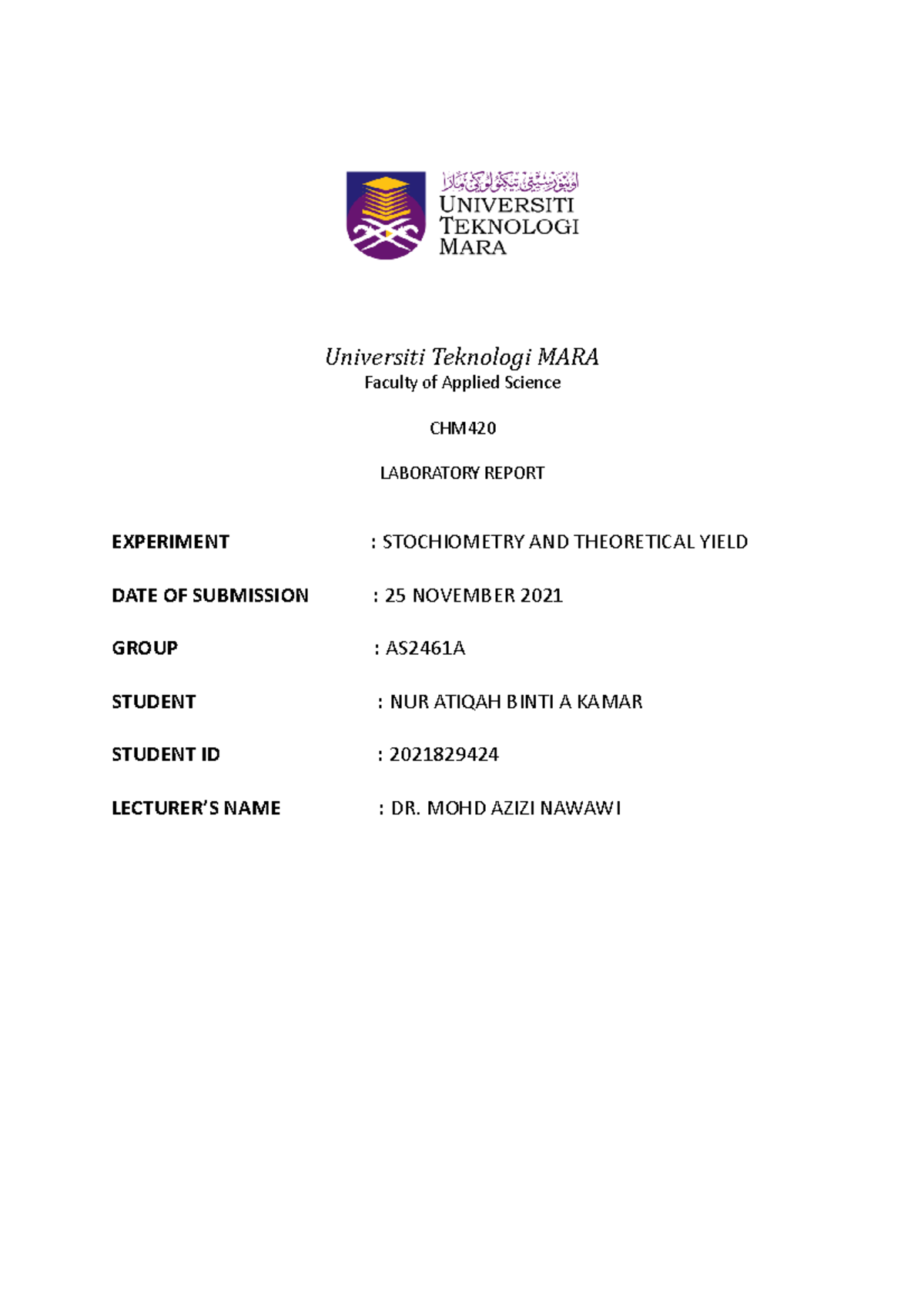 Lab Report 1 Universiti Teknologi Mara Faculty Of Applied Science Chm