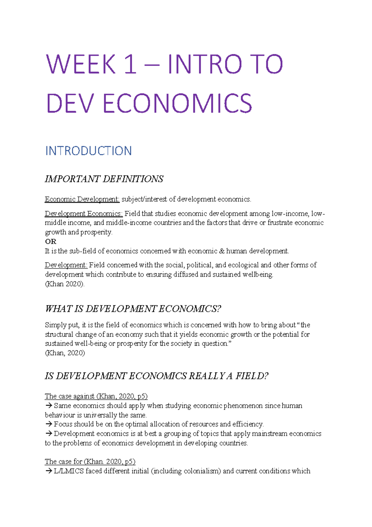 Exam notes - WEEK 1 – INTRO TO DEV ECONOMICS INTRODUCTION IMPORTANT ...