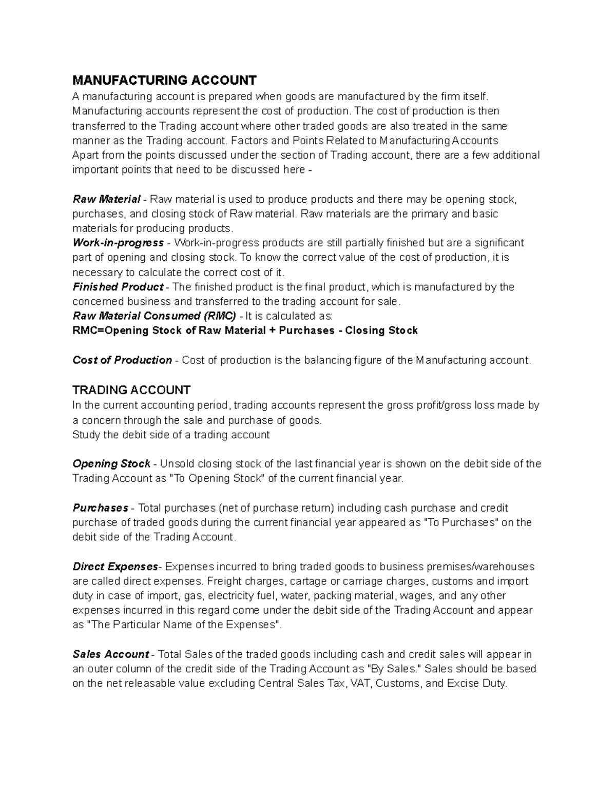 Manufacturing Account and Trading Account - MANUFACTURING ACCOUNT A ...