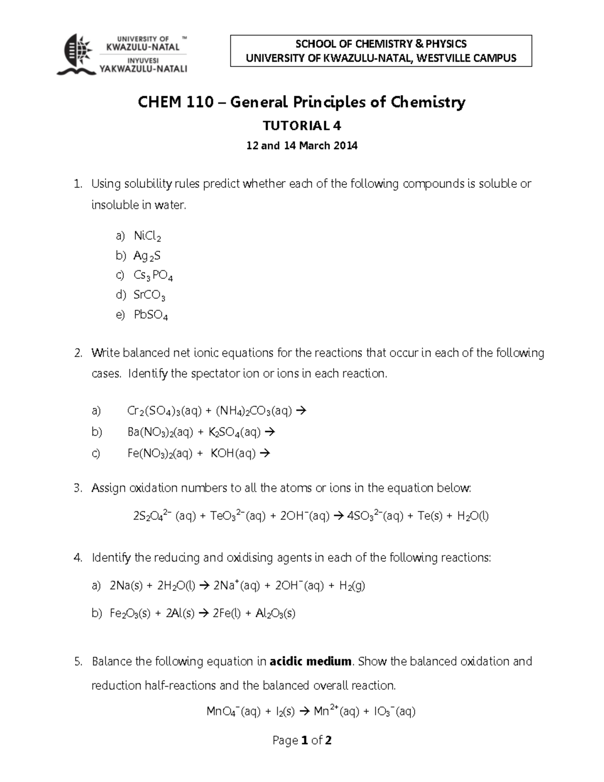 CHEM+110+-+Tutorial+4+2014 - SCHOOL OF CHEMISTRY & PHYSICS UNIVERSITY ...