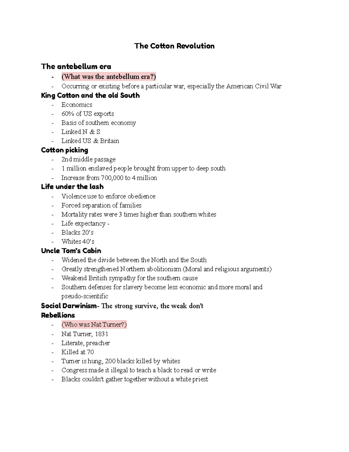 Chapter 11 notes - The Coon Revolution The antebeum era - (What was the ...