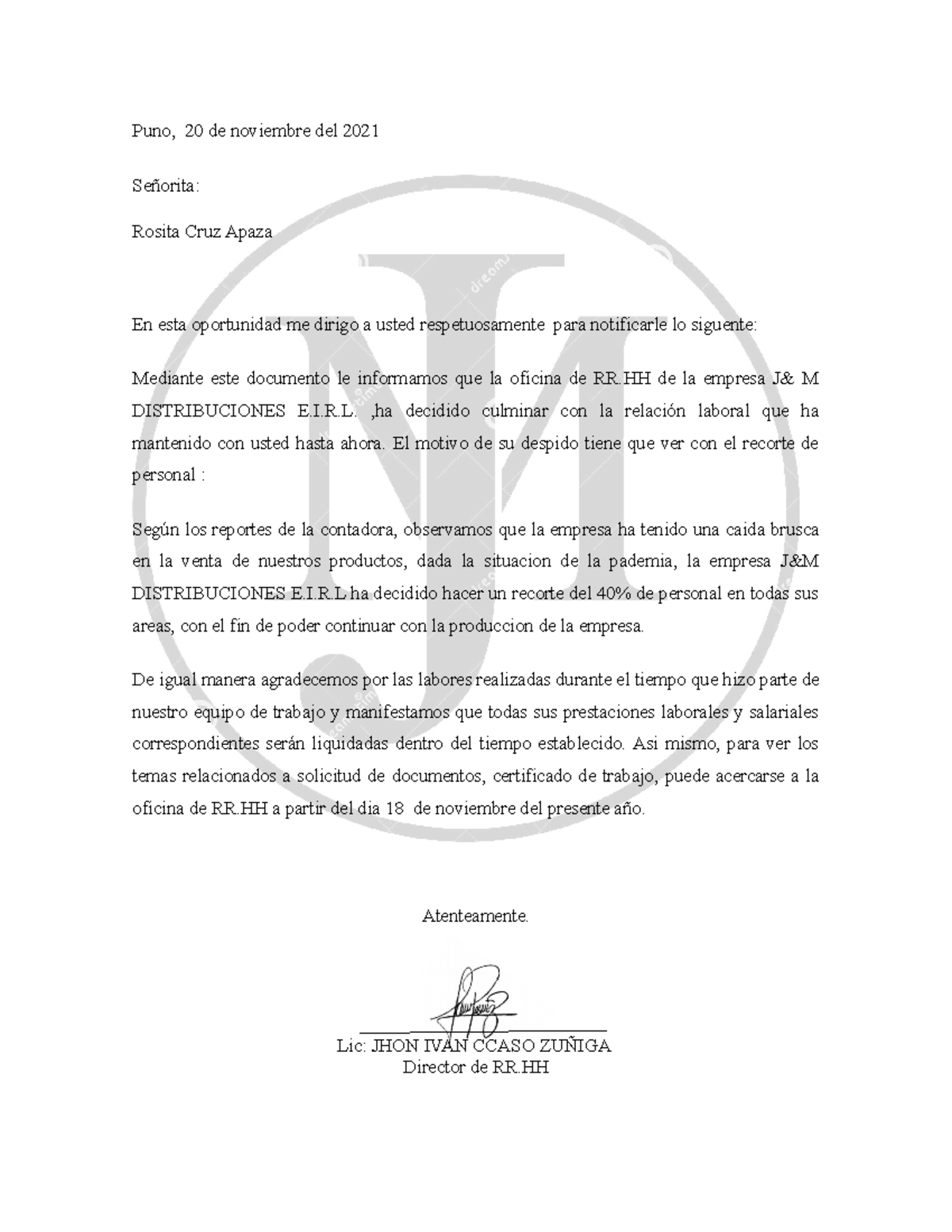 Carta de despido Carta De Despido Por Recorte De Personal Puno 20