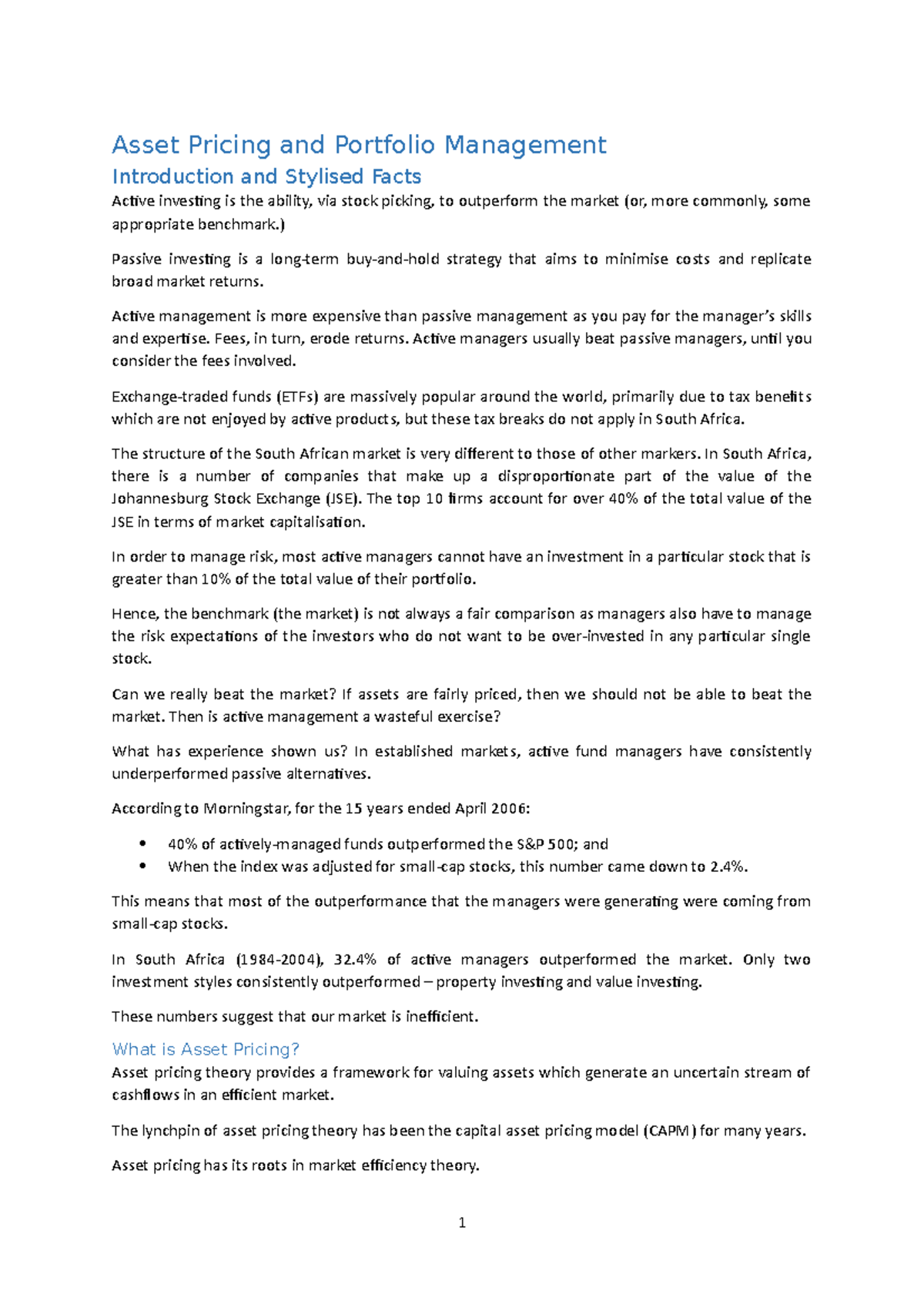 02 Asset Pricing and Portfolio Management - ) Passive investing is a ...