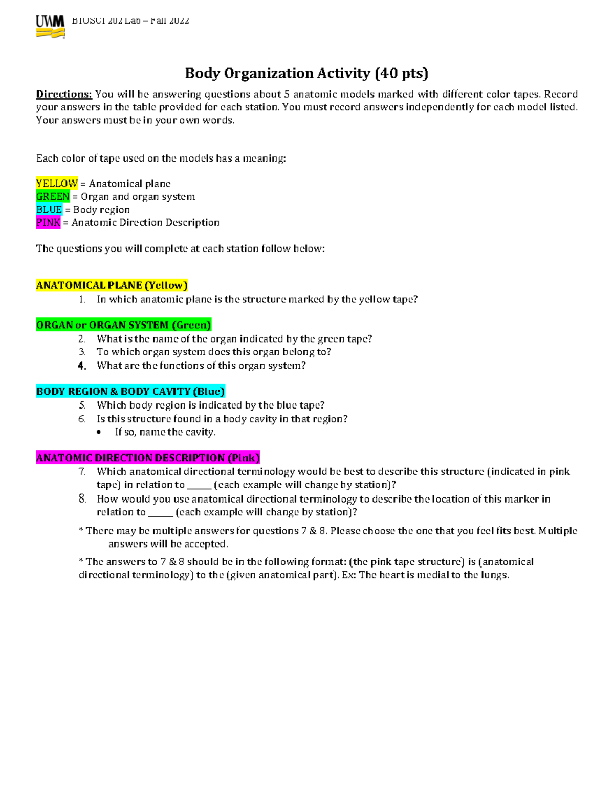 Body Organization Activity - Body Organization Activity (40 pts ...