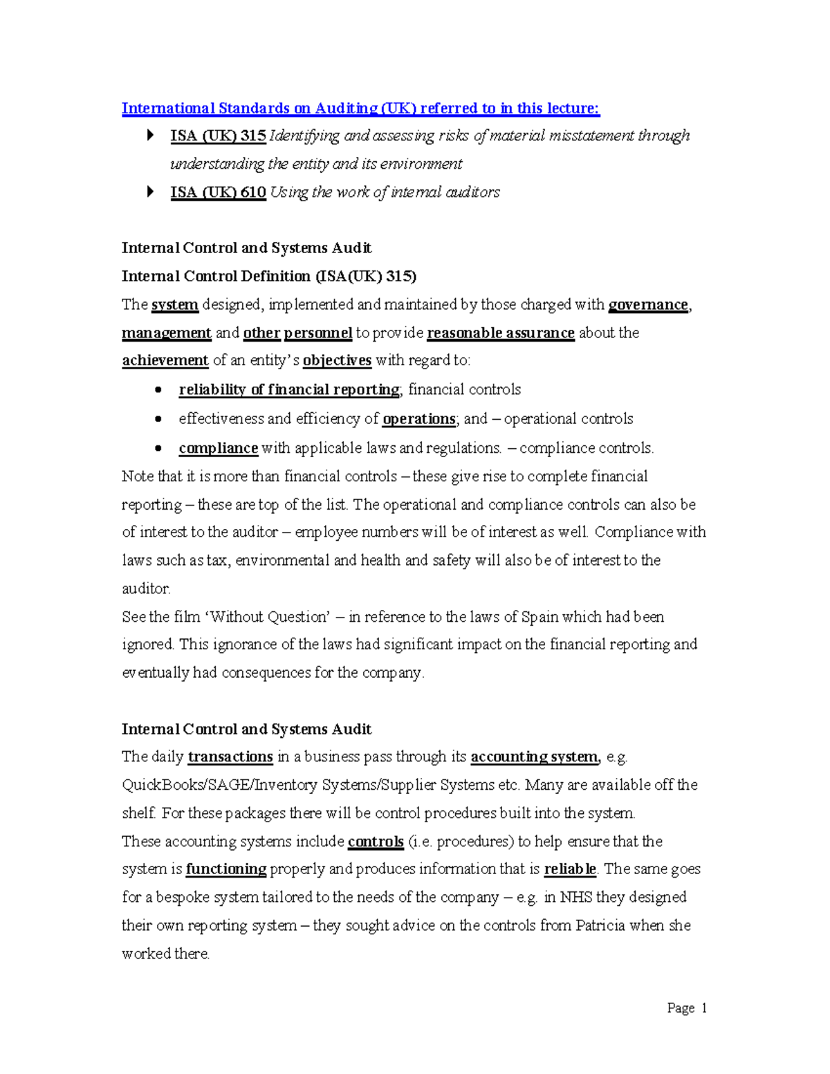 Lecture 13 & 14 Notes- Internal Control and Systems Audit ...