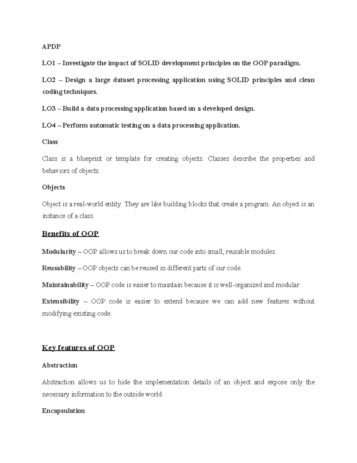 APDP note - NOTE - APDP LO1 – Investigate the impact of SOLID development principles on the OOP ...