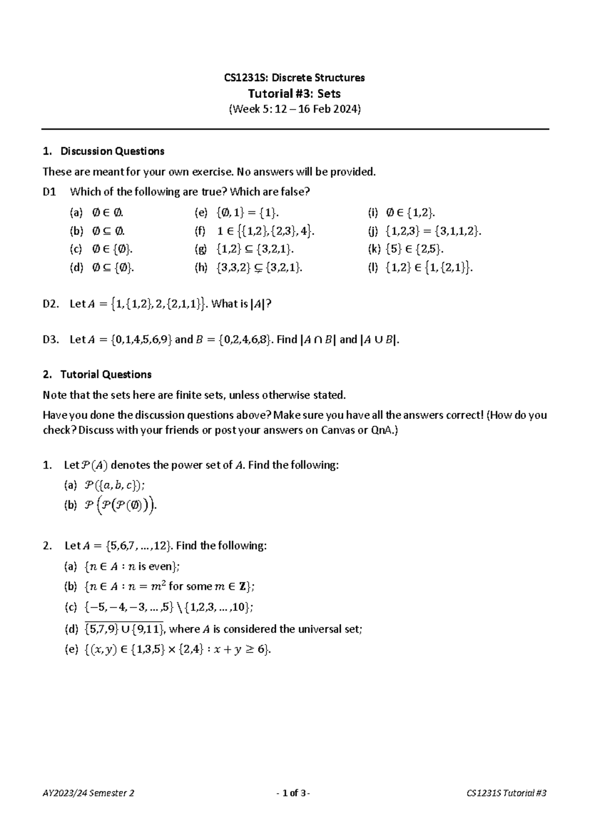 Tut03qns - AY2023/24 Semester 2 - 1 of 3 - CS1231S Tutorial # 3 CS1231S: Discrete Structures ...