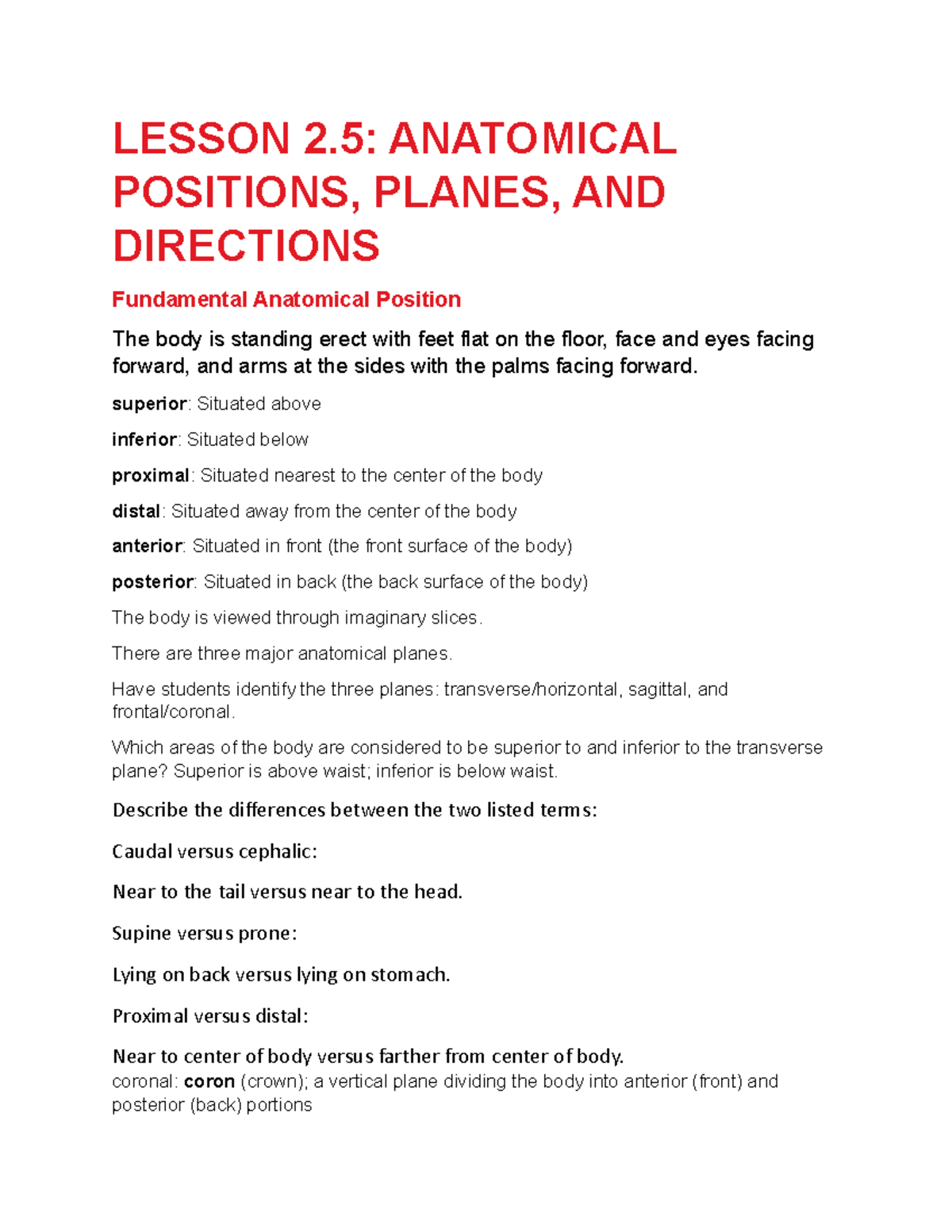 Lesson 2.5 Anatomical Positions, Planes, AND Directions - LESSON 2 ...