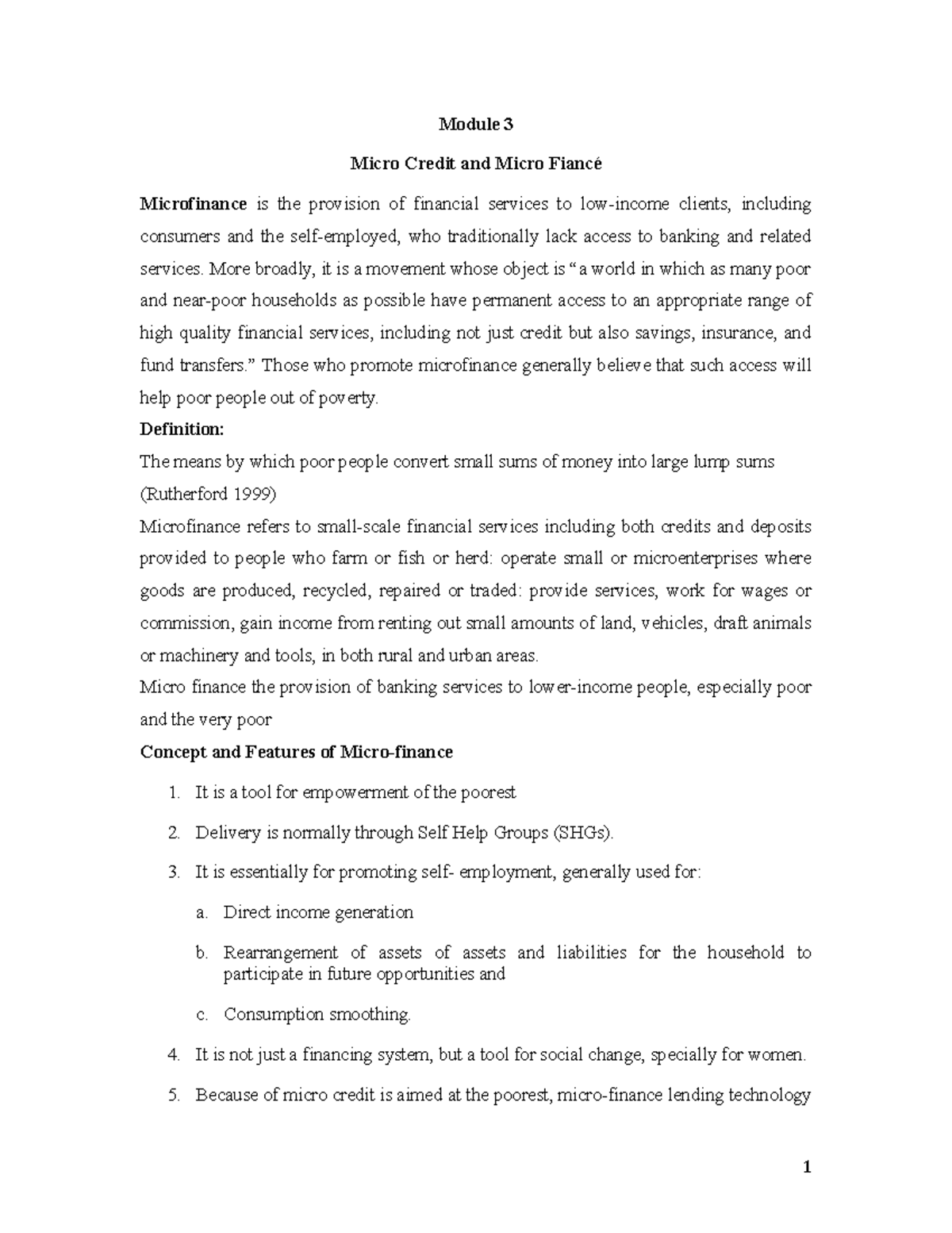 Microfinance lecture notes with qbank - Module 3 Micro Credit and Micro ...