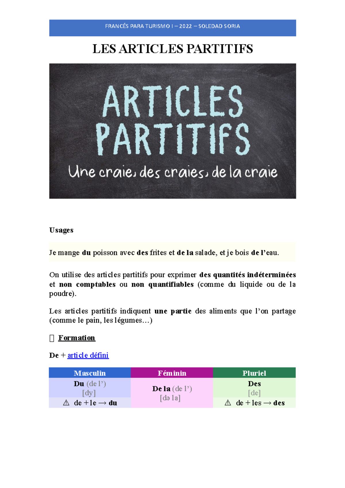 LES Articles Partitifs - LES ARTICLES PARTITIFS Usages Je mange du ...