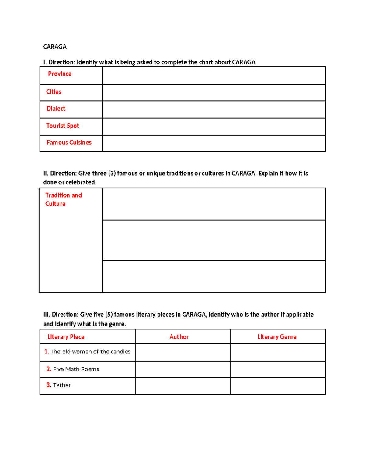Activity#10 literature - CARAGA I. Direction: Identify what is being ...