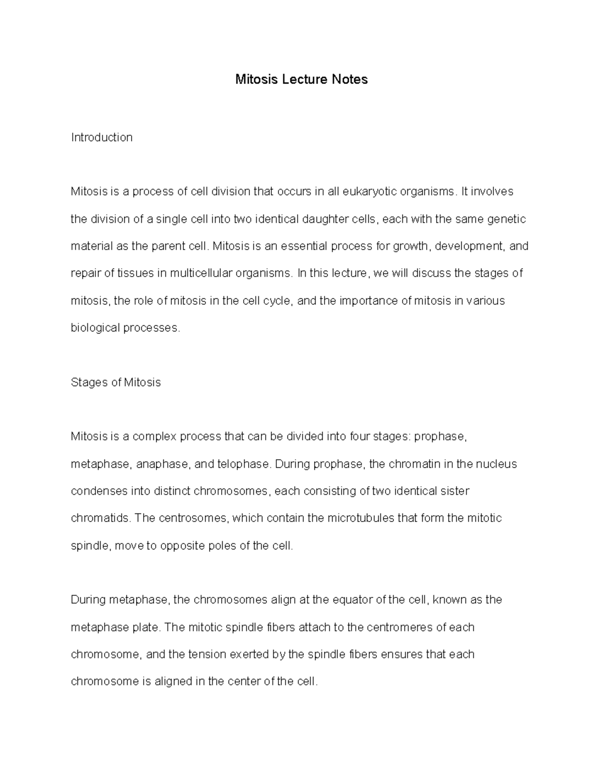 Mitosis Lecture Notes - Mitosis Lecture Notes Introduction Mitosis is a ...