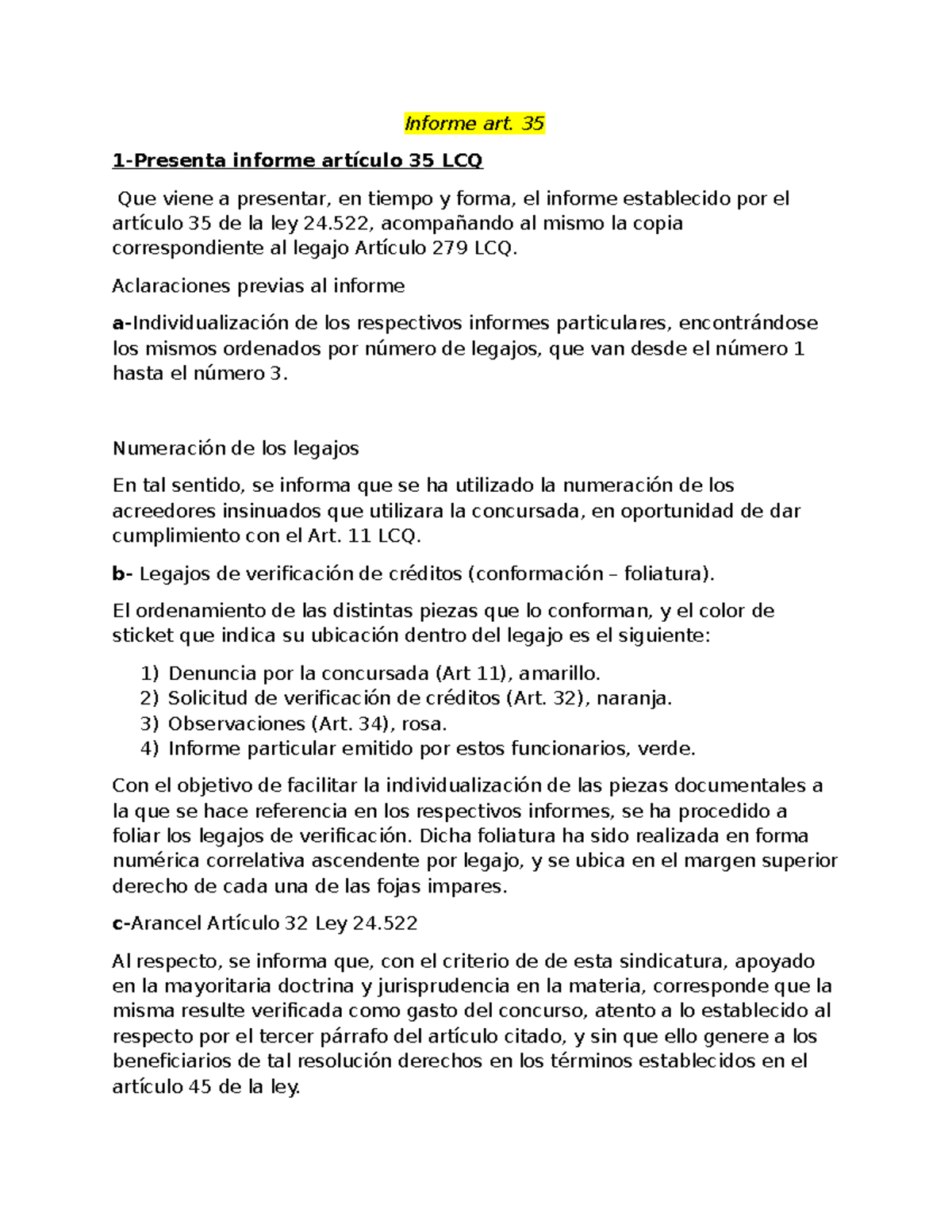 Actividad profesionalizante 2 - Informe art. 35 1-Presenta informe ...