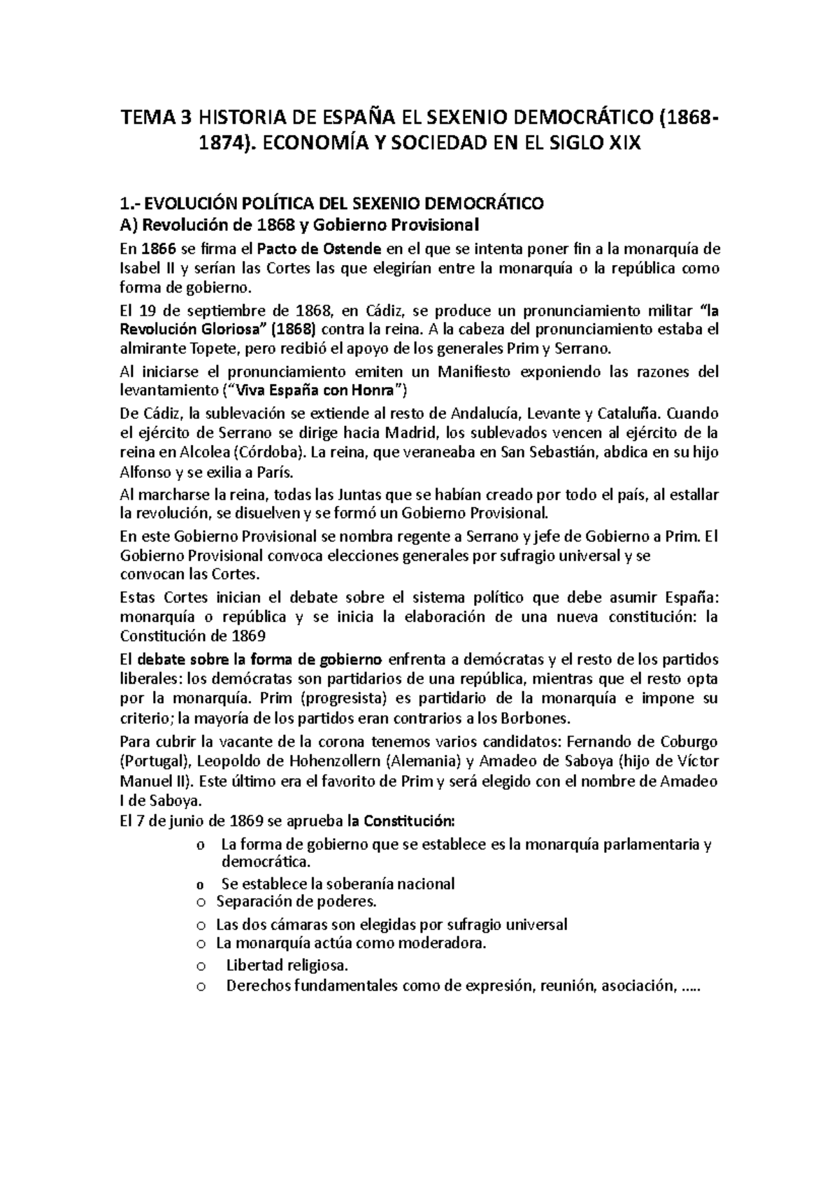 Historia de España. Tema 3 - el sexenio democrático (1868-1874). Economía y sociedad en el siglo ...