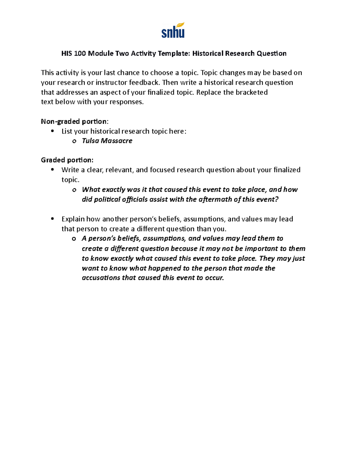 HIS 100 Module Two Activity Research Question Template - HIS 100 Module ...