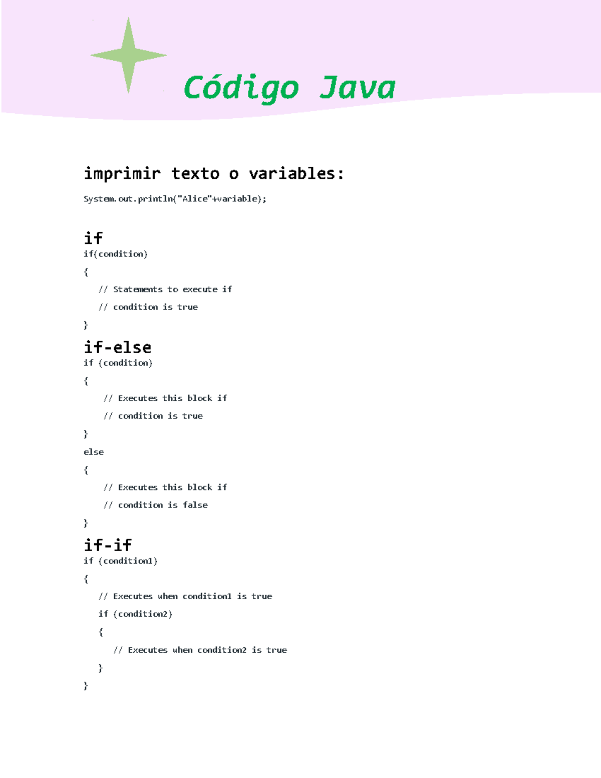 Codigo Java - ódi imprimir texto o variables: System("Alice"+variable ...