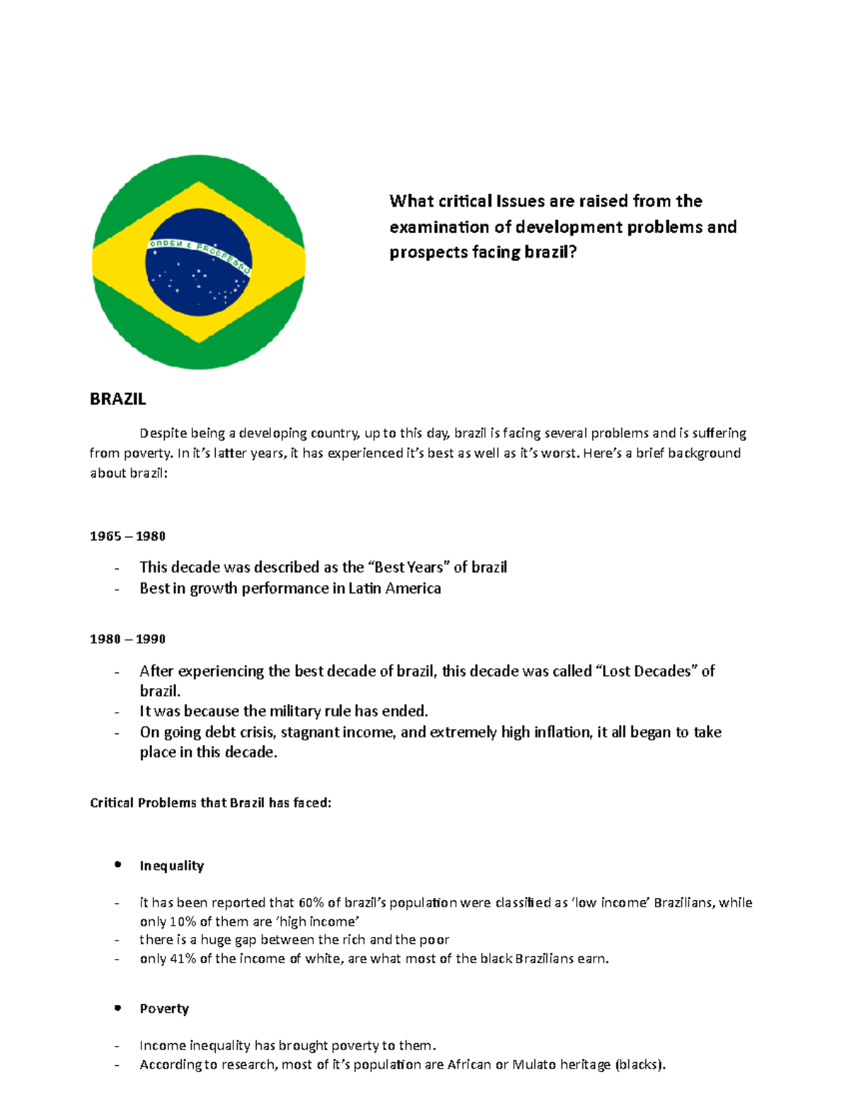 Brazil Issues - Lecture notes 1 - What critical Issues are raised from ...