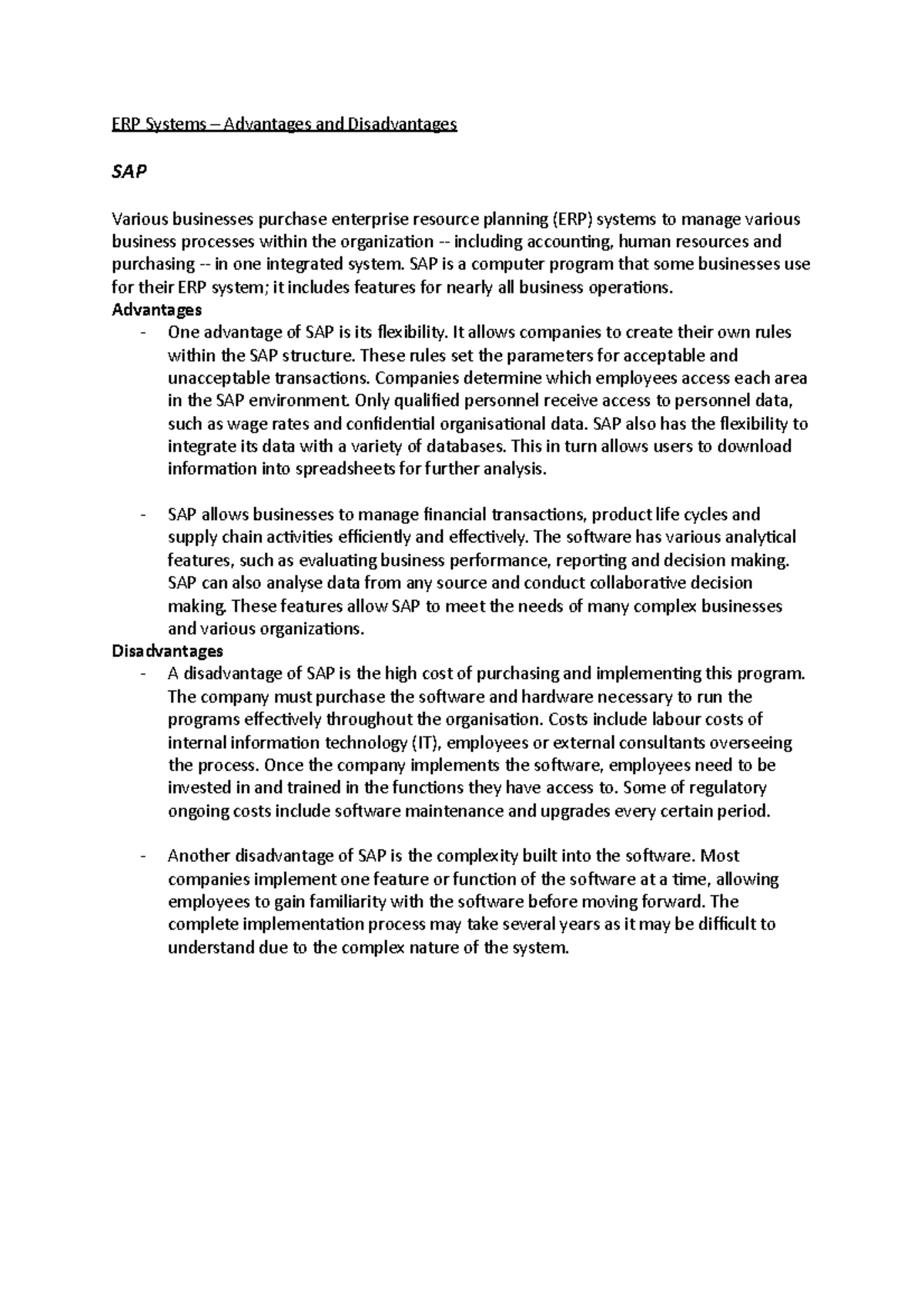 Erp Systems Sap Advantages And Disadvantages Of Popular Erp System Sap Erp Systems