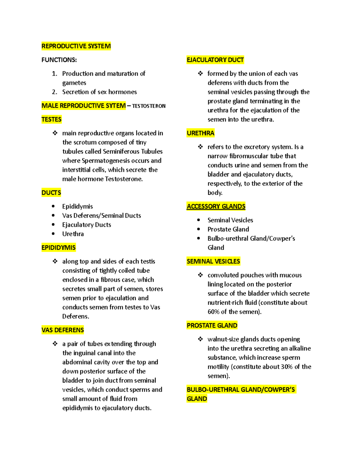 UNIT-11-AND-12 - notes - REPRODUCTIVE SYSTEM FUNCTIONS: 1. Production ...