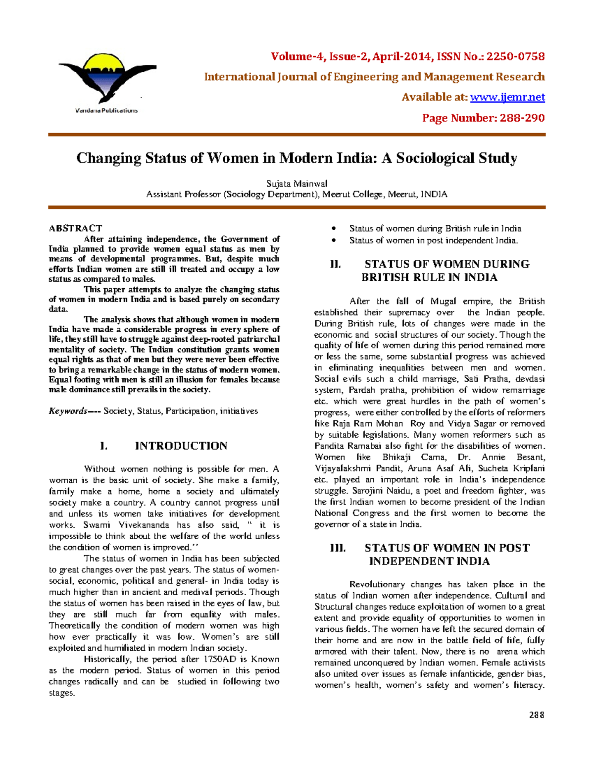 Changing Status OF Women - 288 Volume-4, Issue-2, April-2014, ISSN No.: 2250- International ...