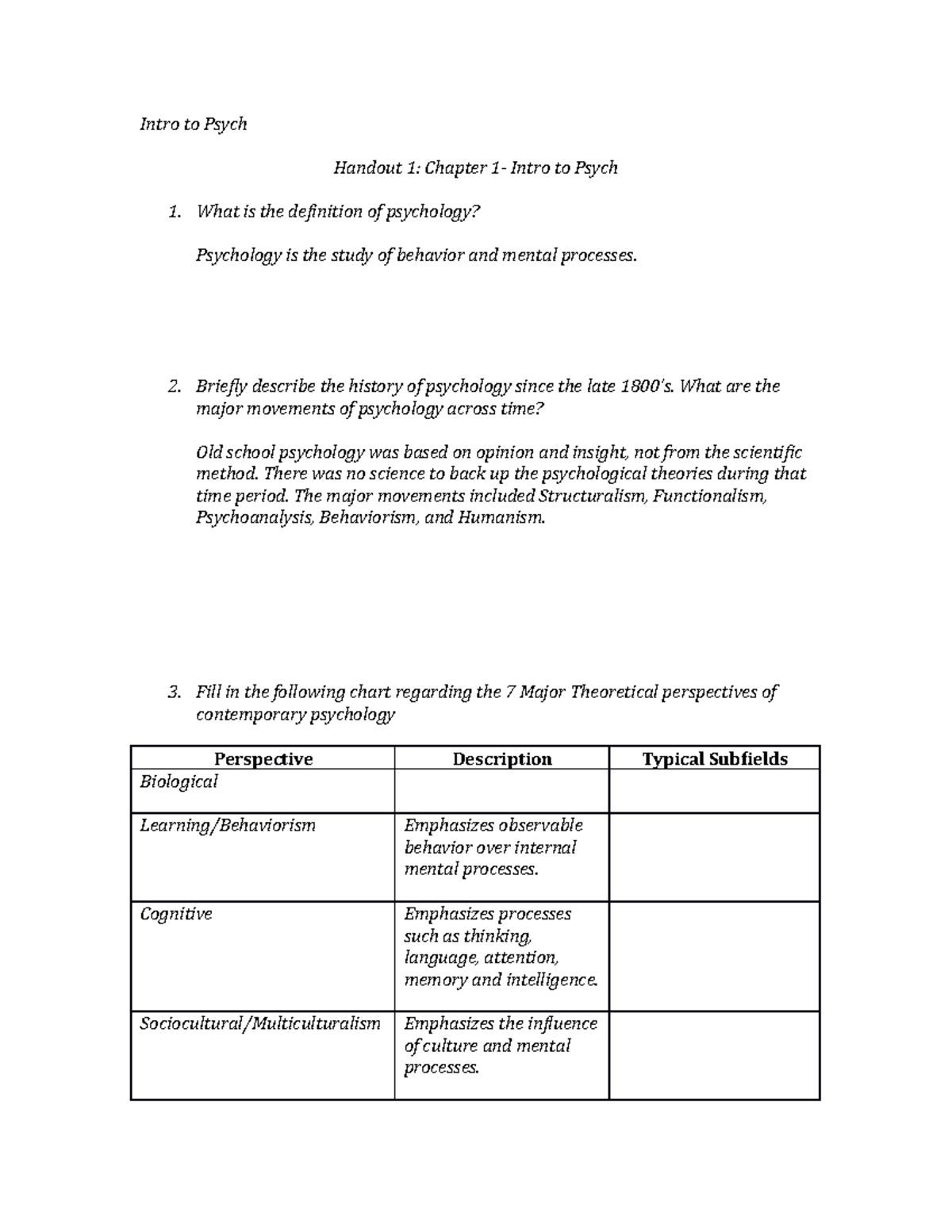 Handout 1- Ch. 1 Intro to Psych - Intro to Psych Handout 1: Chapter 1 ...