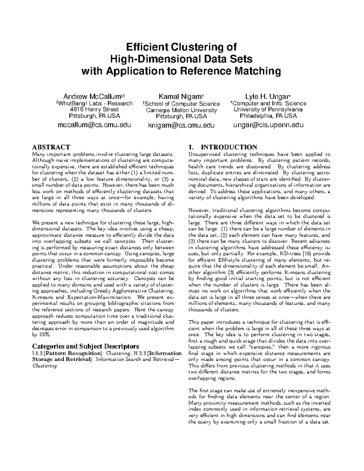 Efficient Clustering Of High Dimensional Data Sets With Application To
