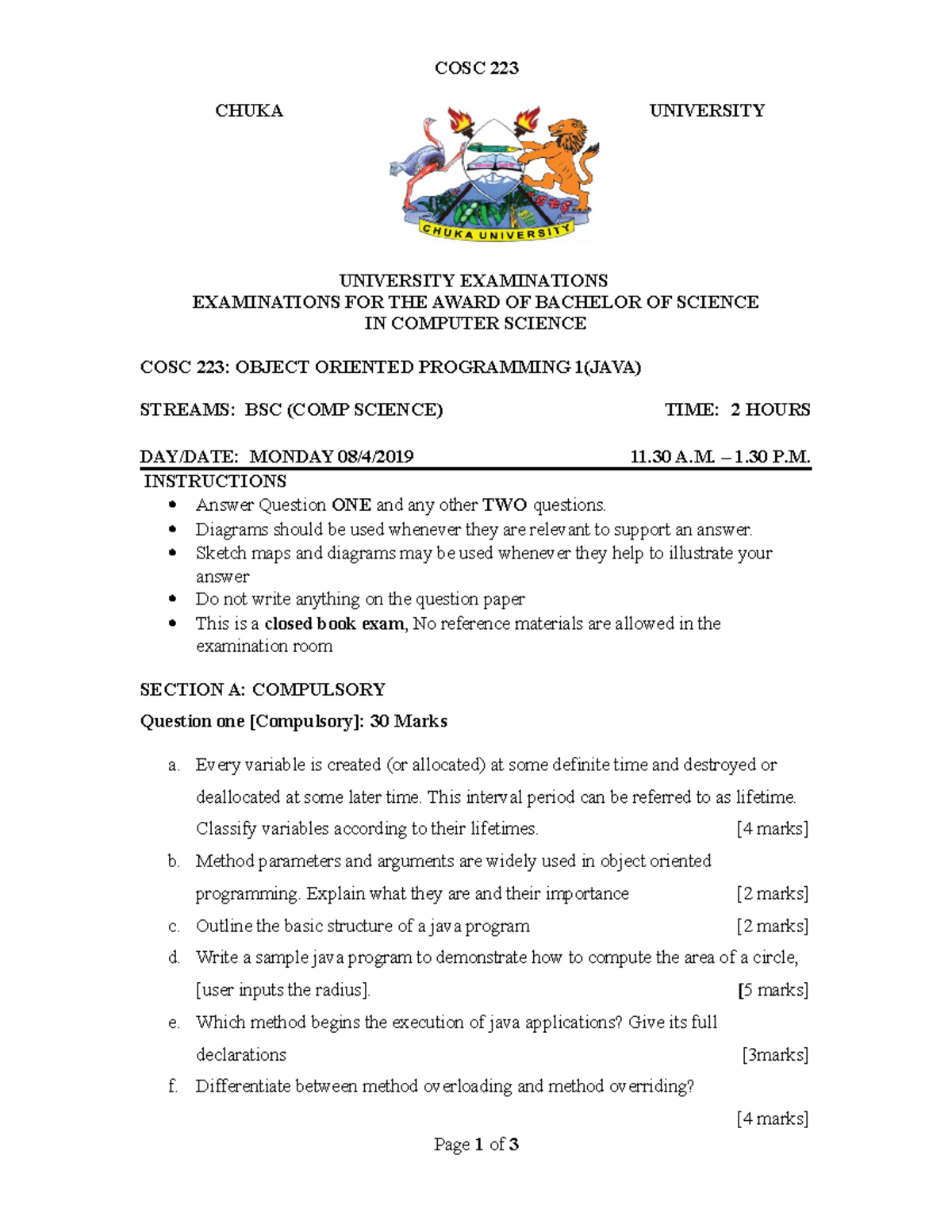 COSC 223 - EXAM - COSC 223 CHUKA UNIVERSITY UNIVERSITY EXAMINATIONS ...