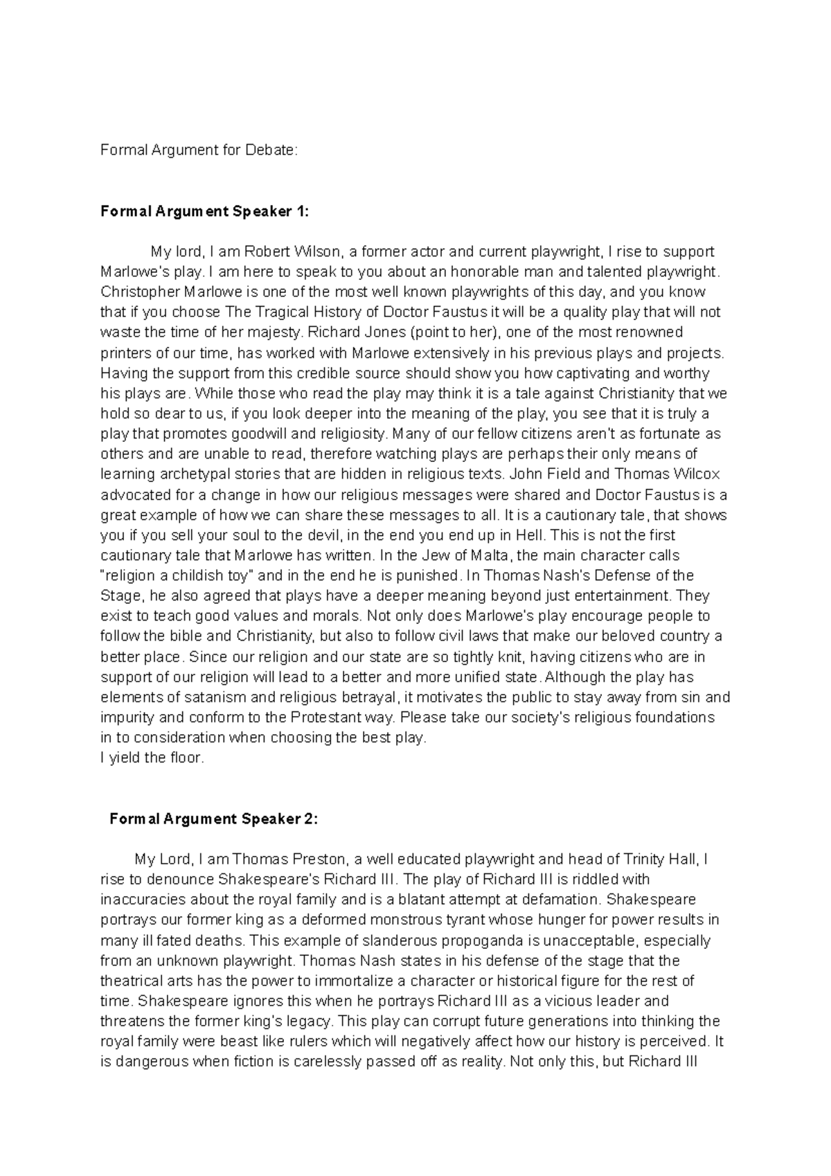 HUM Marlowe Arguments - Formal Argument for Debate: Formal Argument ...