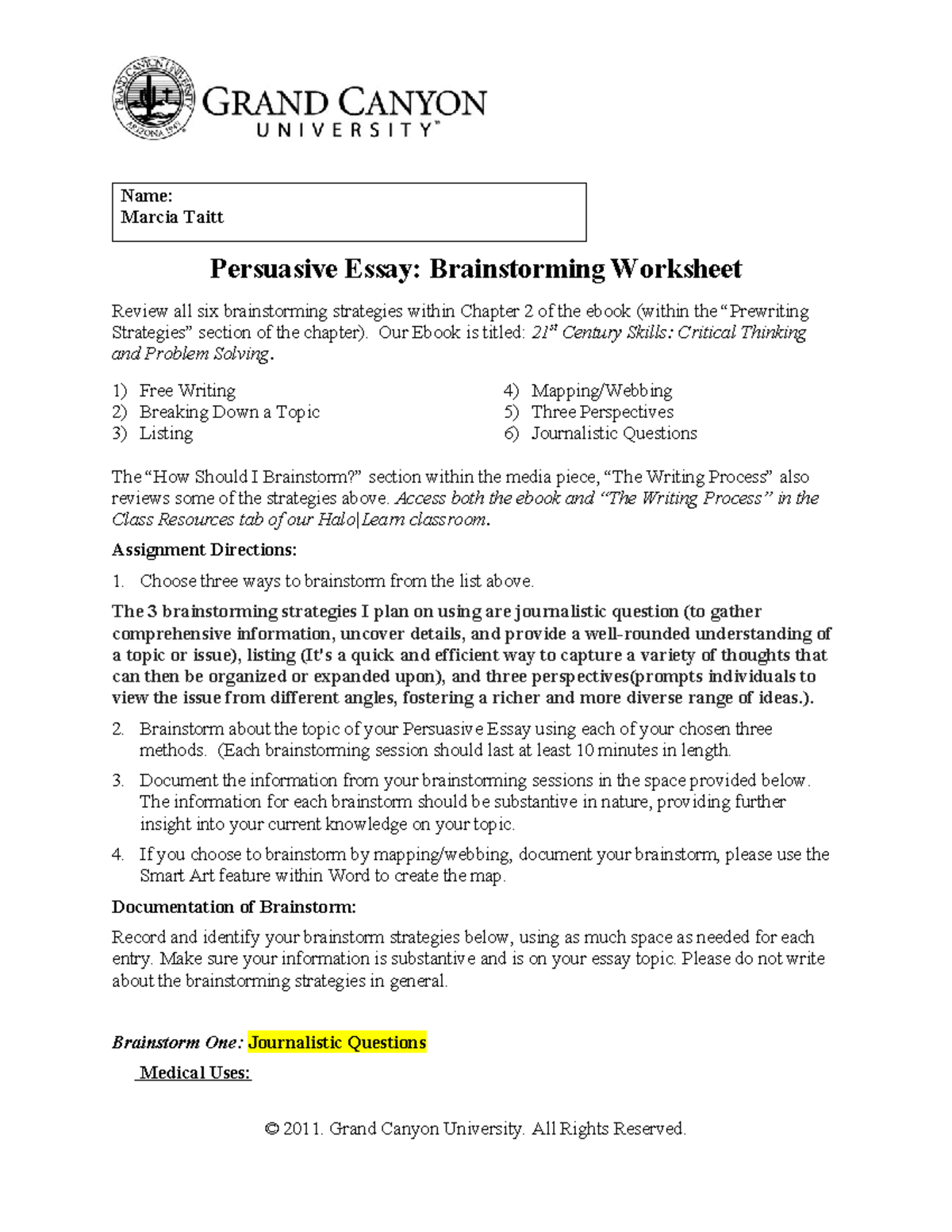 PHI105 T2 Brainstormingworksheet - Name: Marcia Taitt Persuasive Essay ...