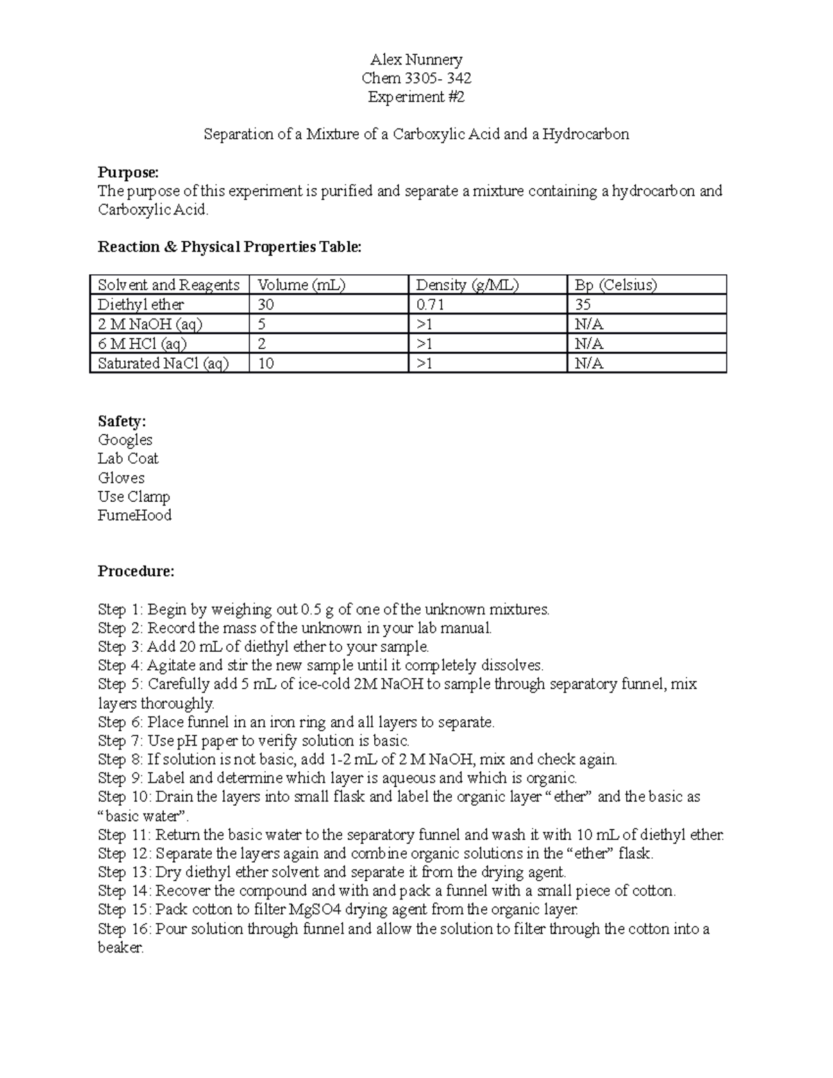 Chem 3305 Experiment 2 Lab Report Recent - Alex Nunnery Chem 3305- 342 Experiment # Separation ...