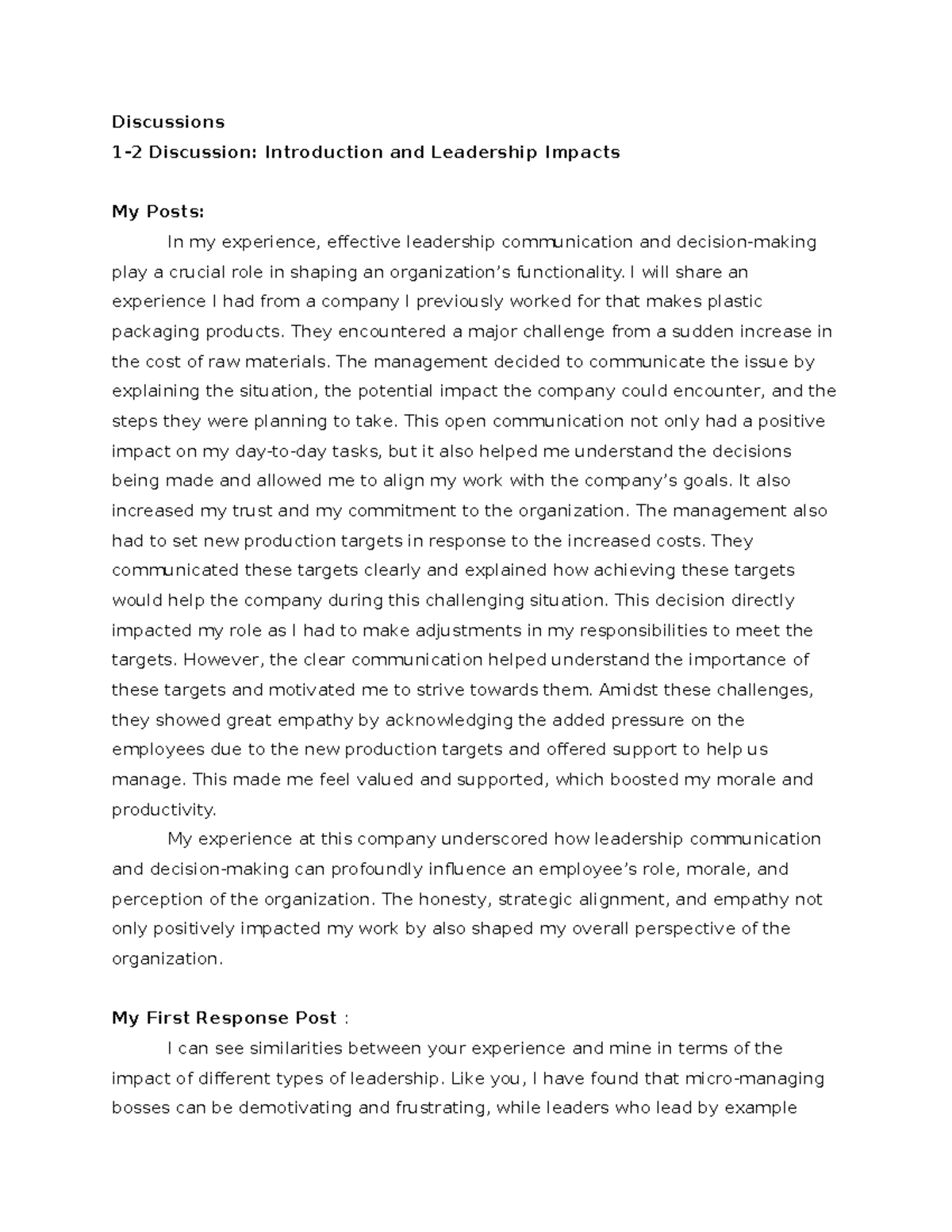 1-2 Discussion- Introduction and Leadership Impacts - Discussions 1-2 ...