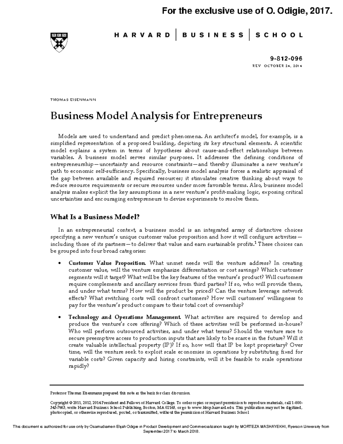Business Model Analysis for Entrepreneurs - 9 - 8 1 2 - 0 9 6 R E V : O ...