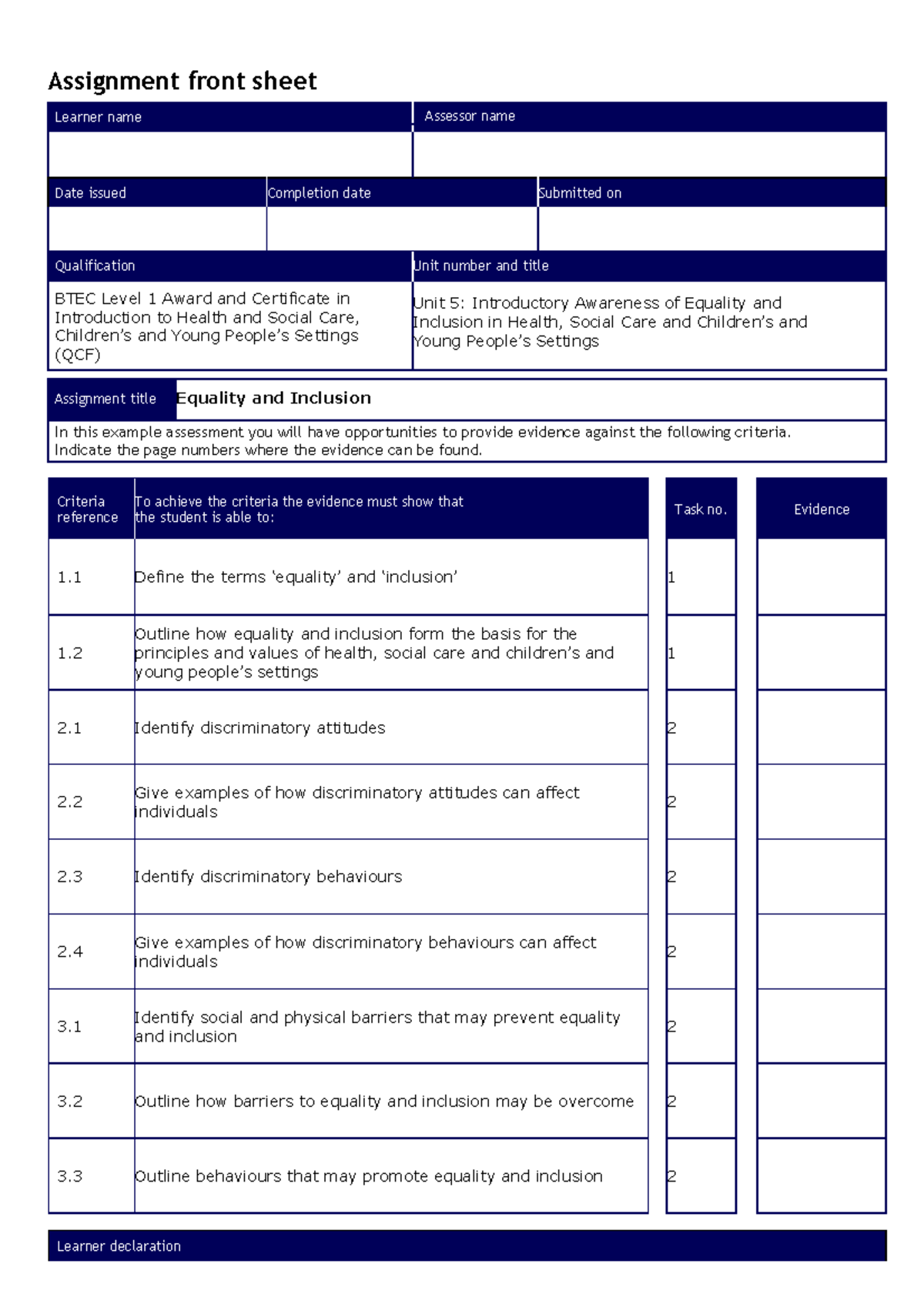 Assignment Brief Unit 5 Equality and Inclusion - Assignment front sheet ...