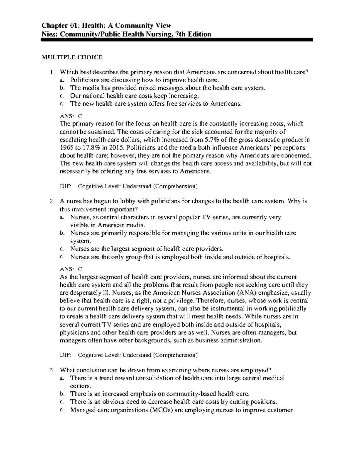 Chapter 1 - practice questions - Chapter 01: Health: A Community View ...
