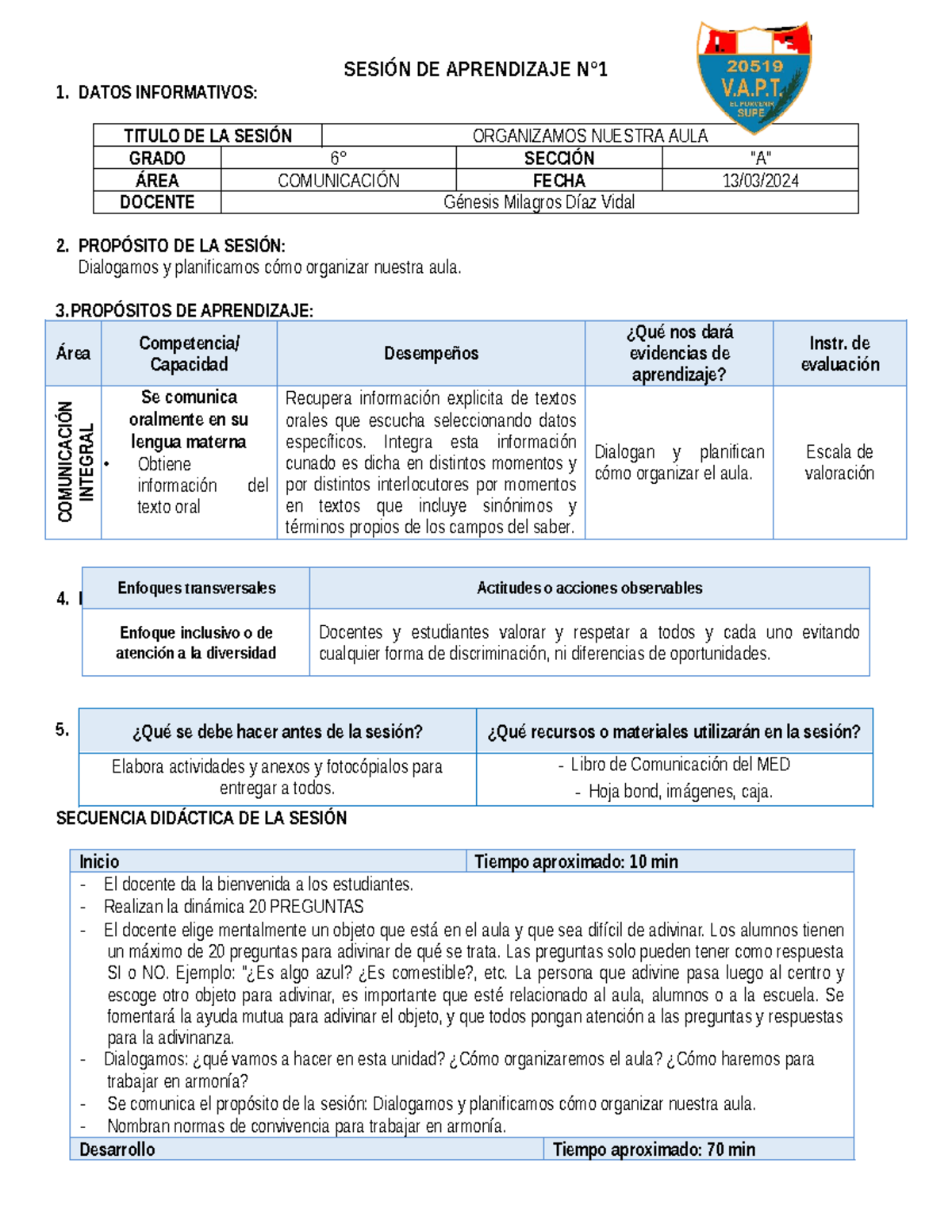 1. organizamos nuestra aula - SESIÓN DE APRENDIZAJE N° 1 1. DATOS INFORMATIVOS: TITULO DE LA ...