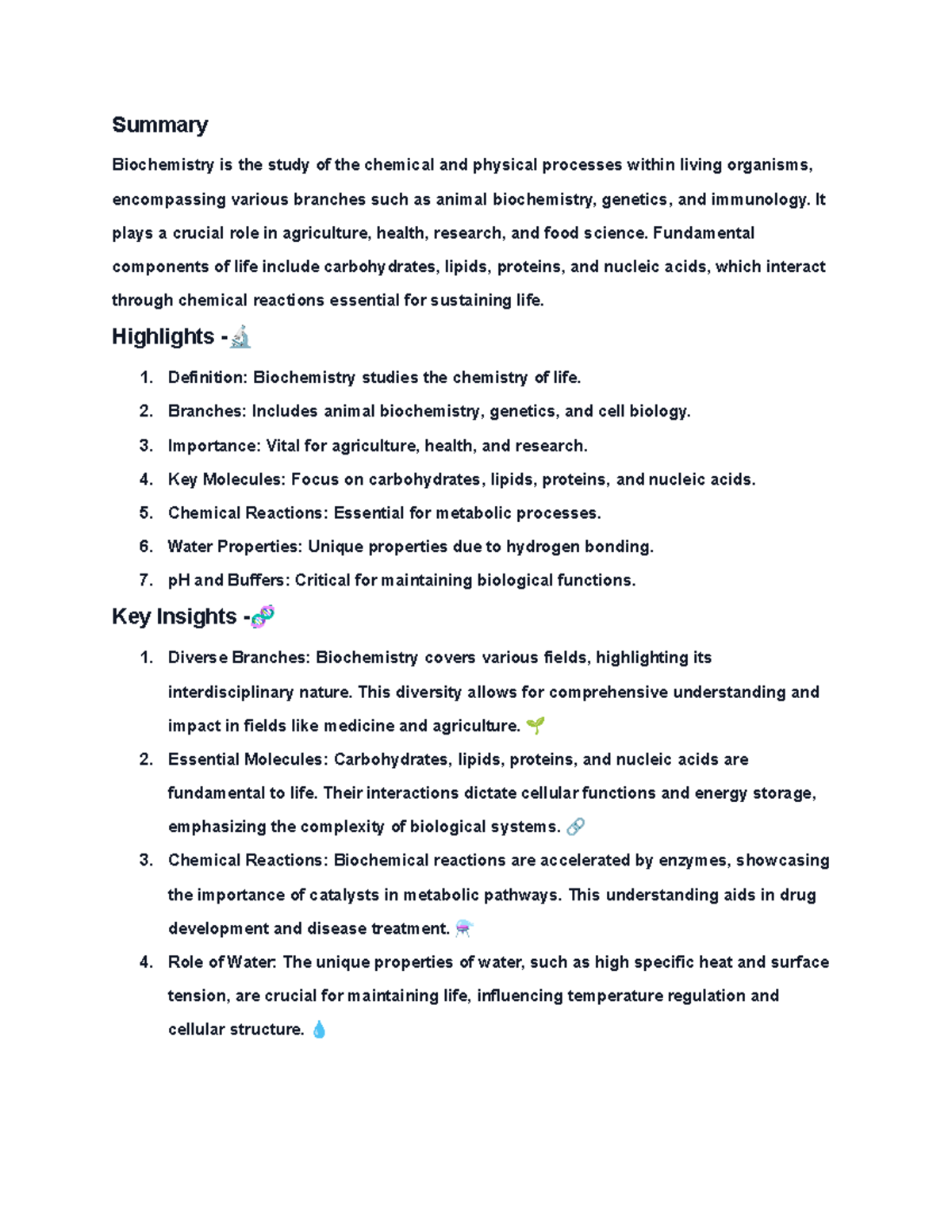 Notes - Summary Biochemistry - Summary Biochemistry is the study of the ...