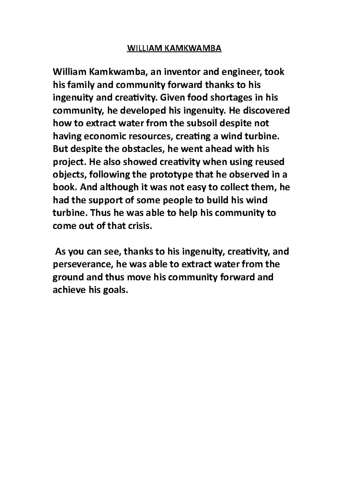 William Kamkwamba - Writing draft - WILLIAM KAMKWAMBA William Kamkwamba ...