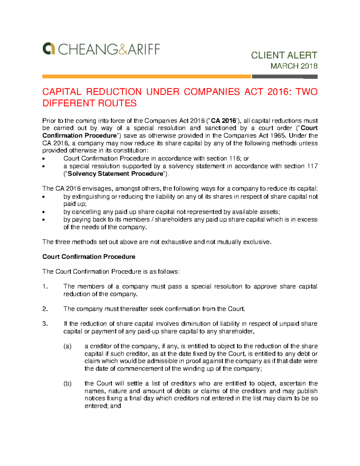 Capital Reduction Under Companies Act 2016 CLIENT ALERT MARCH 2018