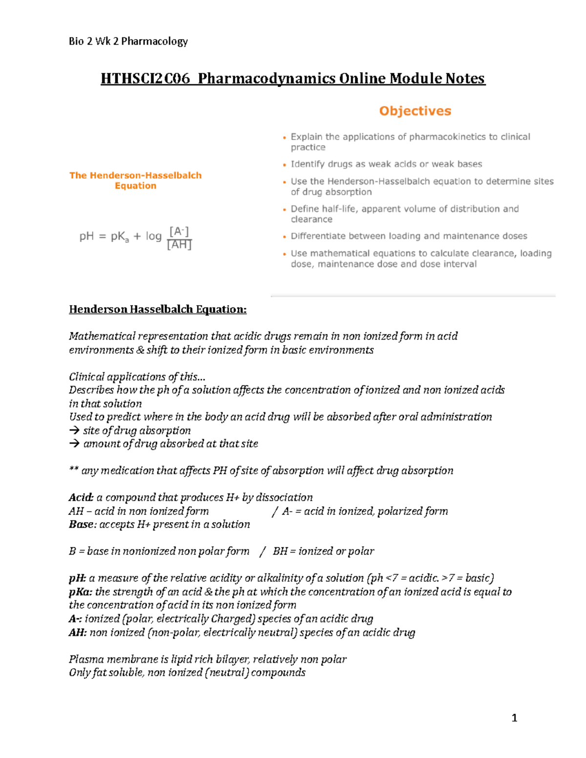 HTHSCI2C06 Pharmacodynamics Online Module Notes - Bio 2 Wk 2 ...