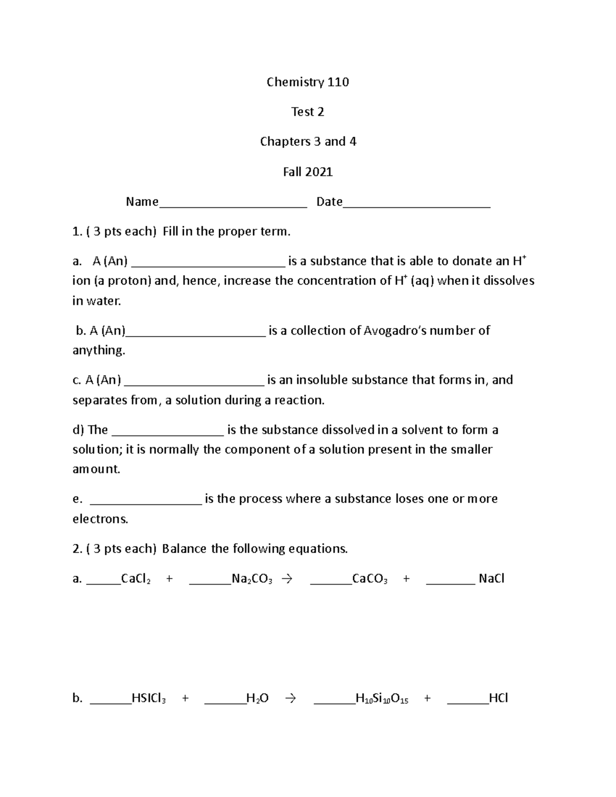 Chemistry 110 Test 2 Fall 2021 - Chemistry 110 Test 2 Chapters 3 and 4 ...